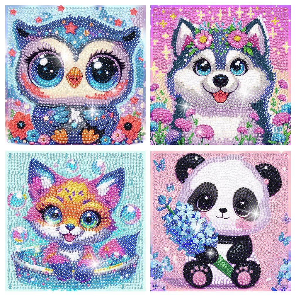 4 Pack Diamond Art Kits for Kids, Cartoon Animals Diamond Painting Kits for Kids Beginners, Kids' Mosaic Kits DIY Full Drill Diamond Dots Painting Picture Arts Craft for Home Wall Decor 6x6 Inch