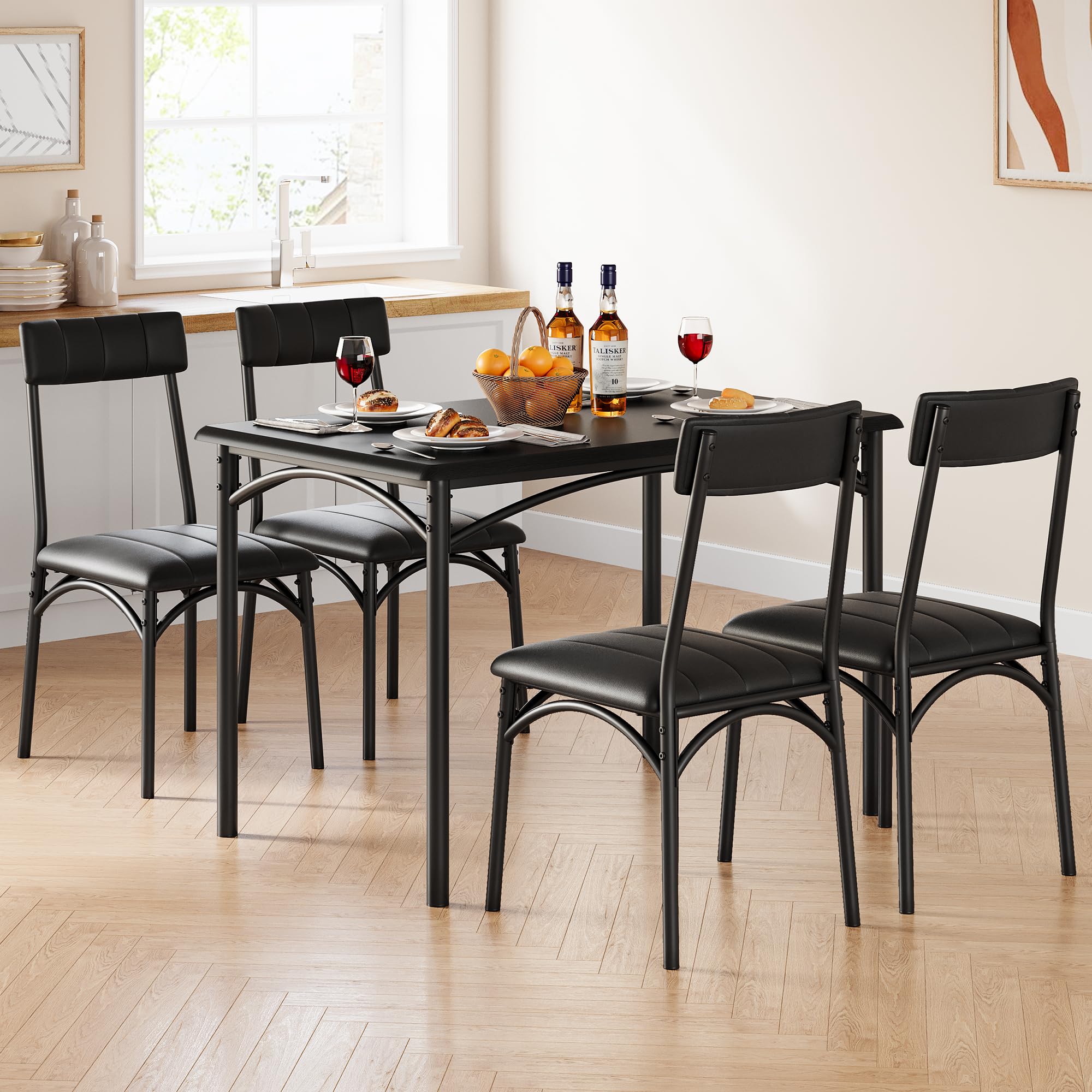 Amyove Kitchen Table and Chairs for 4, Dining Table Set for 4 with Upholstered Chairs, Rectangular Kitchen Table Set for Small Space, Apartment, Breakfast, Rustic Black