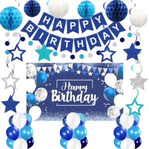 blue happy birthday decorations, 41 pack happy birthday banner, balloons, backdrop, hanging swirl, honeycomb ball and circle dot garland supplies for birthday party