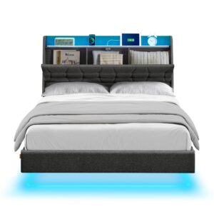 vasagle full size floating bed frame with led lights, full bed frame with charging station, tufted storage headboard, upholstered platform bed frame, no box spring needed, dark gray urmb852g71