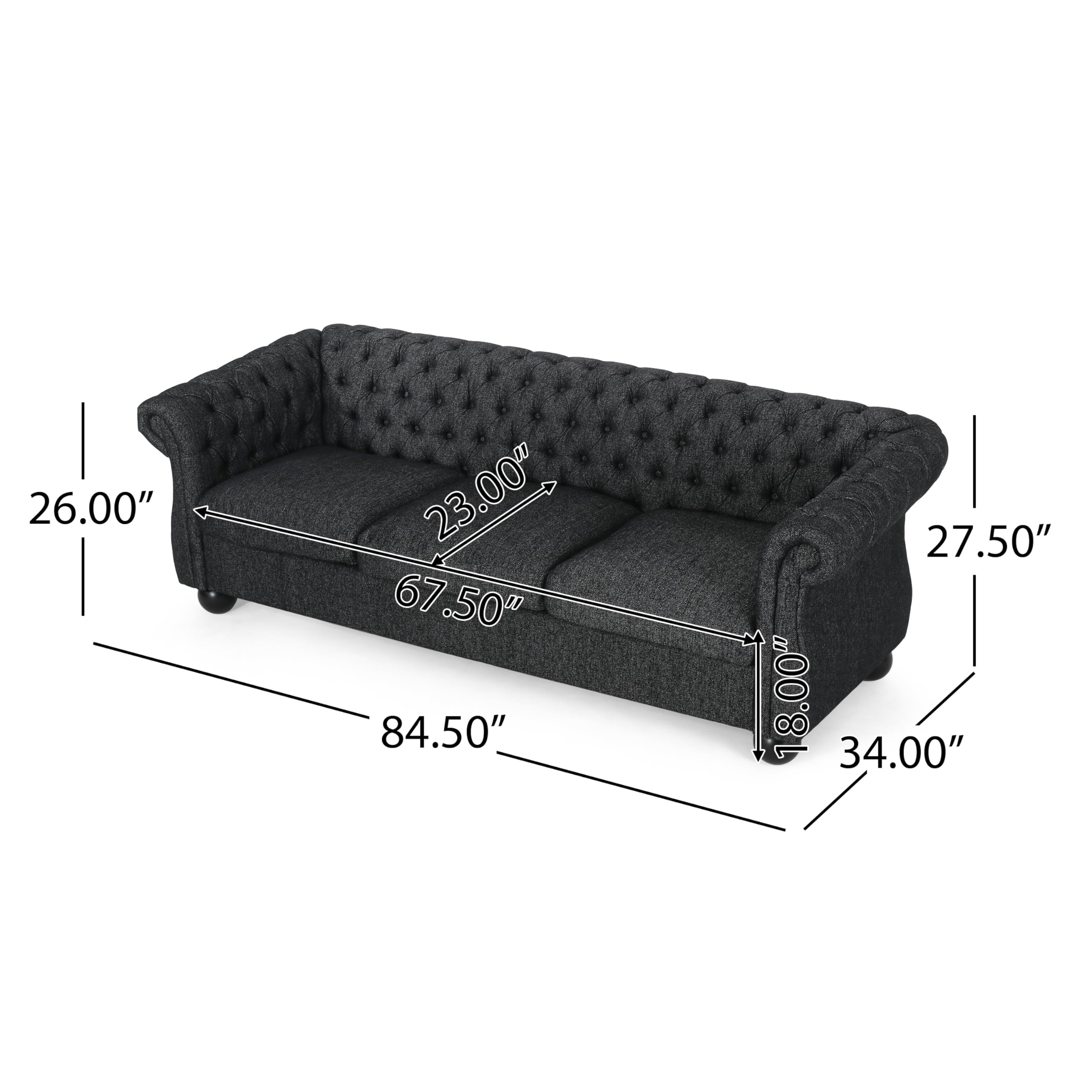 Christopher Knight Home Farhar Sofas, 84.5 "W x 34 "D x 27.5 "H, Black Textured Tweed + Matte Black