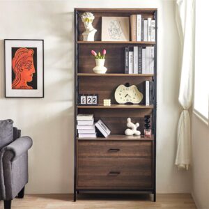 Redlife Bookshelf with Drawers, 4-Tier Industrial Bookcase, 74" Tall Bookcase, Rustic Bookshelves with Drawers, Wooden Farmhouse Bookshelf with Storage for Bedroom, Living Room