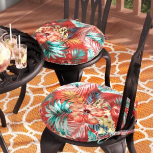 IN4 Care Outdoor Bistro Chair Cushion Set of 2, Waterproof Tufted Round Seat Cushion with Ties, 15"x15"x4" Patio Furniture Chair Pads for Home Garden Balcony Office-Chili Red Floral