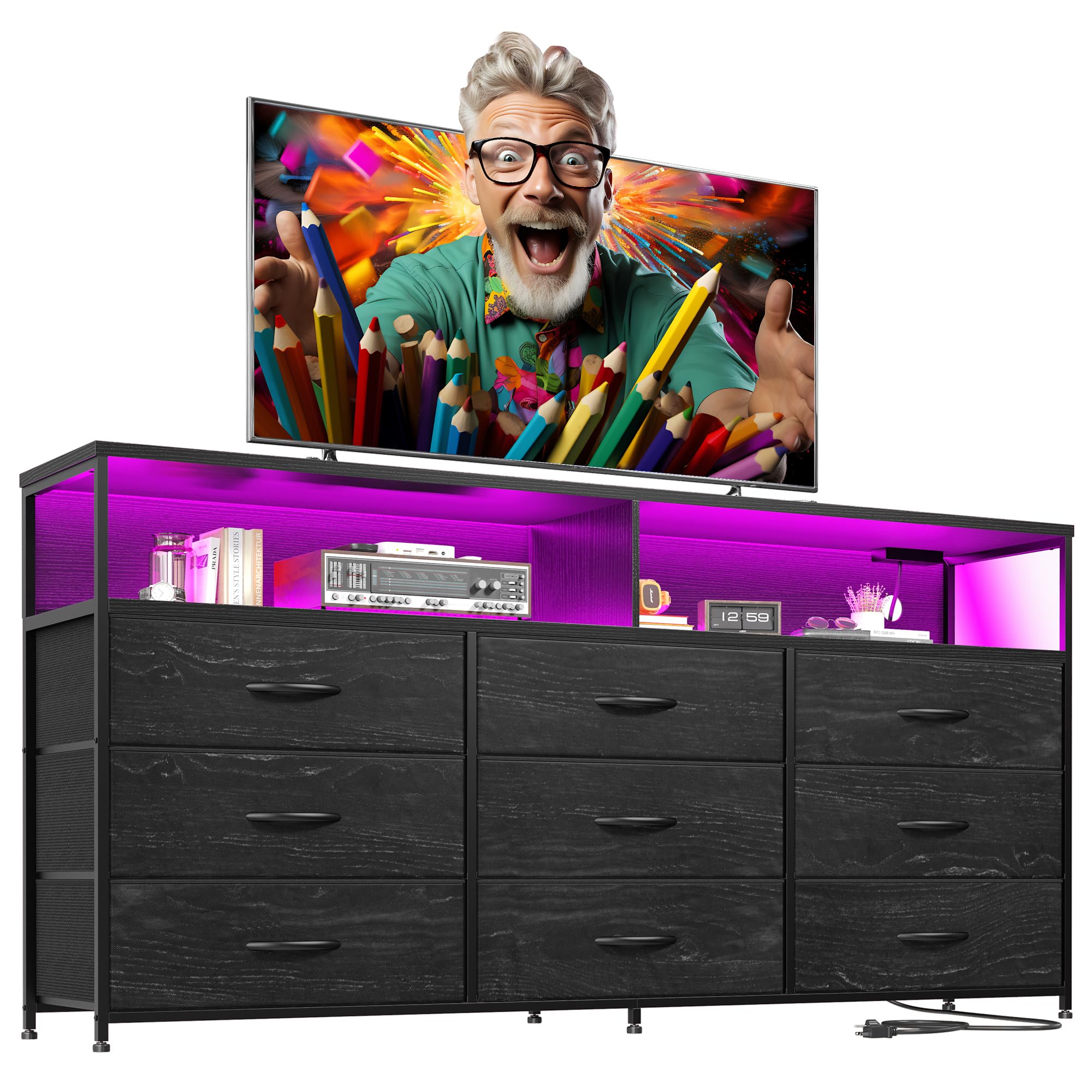 EnHomee 55” W Dresser, Black Dresser for Bedroom with Power Outlet & LED Lights 65" TV Stand for Bedroom Dresser with 9 Fabric Drawers, Sturdy Dressers for Bedroom, Closet, Entryway