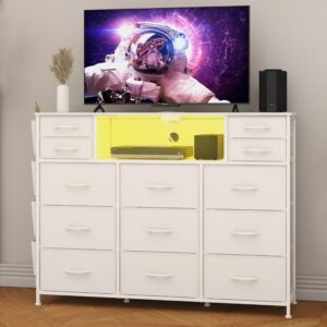 simoretus dresser with charging station and led light wide dresser with 13 fabric drawers for bedroom side pockets chest of drawers open shelf storage organizer for living room (white)