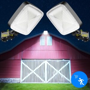 150w motion sensor outdoor lights, dusk to dawn outdoor lighting with photocell 20000lm 6500k, adjustable arm mount ip66 waterproof security flood lights for yard, porch, garage