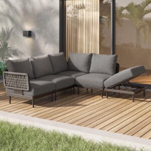 wowt modular sectional sofa, convertible l shaped couch set with rattan armrest,modern modular sectional sofa, 5-seater corner sectional sofa for living room,apartment,garden,gray