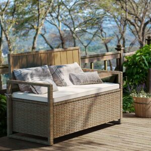 YITAHOME 70 Gallon Outdoor Storage Bench, All-Weather PE Rattan Deck Box Bench, Wicker Storage Seat Box for Patio Furniture, Outdoor Cushions, Pool Storage and Garden Tools (Beige)