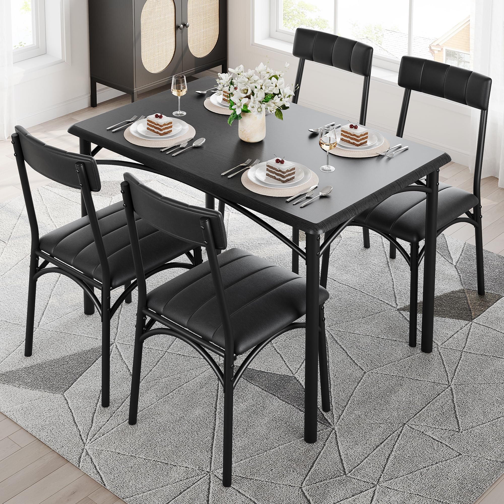 Amyove Kitchen Table and Chairs for 4, Dining Table Set for 4 with Upholstered Chairs, Rectangular Kitchen Table Set for Small Space, Apartment, Breakfast, Rustic Black