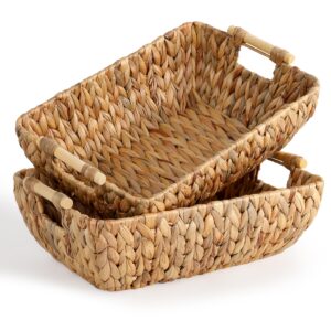 Water Hyacinth Storage Baskets with Wooden Handles，Large Wicker Baskets for Organizing Set of 2