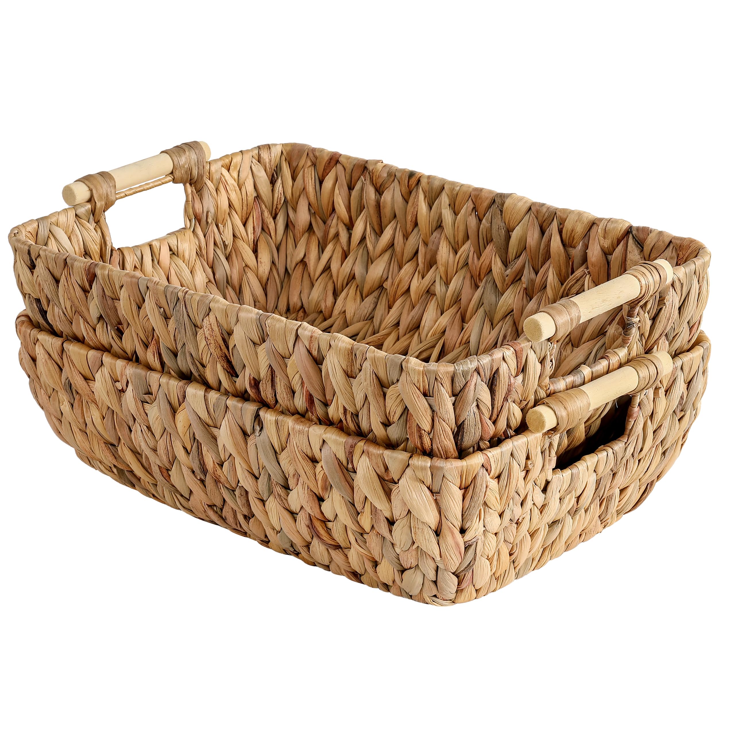 Water Hyacinth Storage Baskets with Wooden Handles，Large Wicker Baskets for Organizing Set of 2