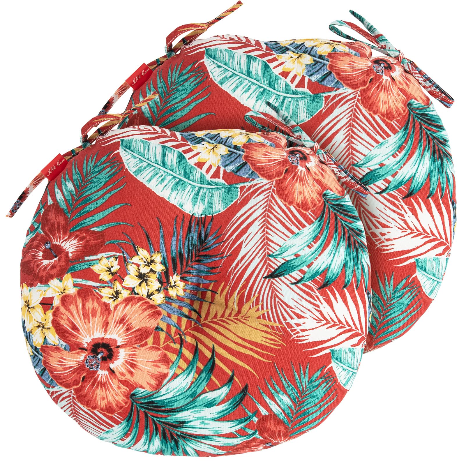 IN4 Care Outdoor Bistro Chair Cushion Set of 2, Waterproof Tufted Round Seat Cushion with Ties, 15"x15"x4" Patio Furniture Chair Pads for Home Garden Balcony Office-Chili Red Floral