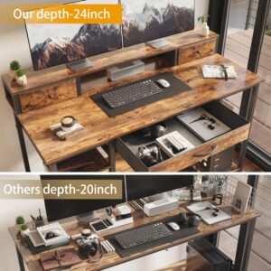 Treesland 47" Computer Desk with Monitor Shelf, Multifunctional Dual Tiers Office Desk, Sturdy Home Office Gaming Desk, Brown