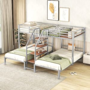 harper & bright designs metal triple bunk bed with storage stairs, twin over twin & twin bunk bed for 3, bunk bed with shelves for kids teens adults, no box spring needed,silver