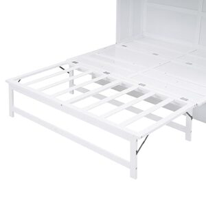 EOVTK Queen Size Murphy Cabinet Bed, Wood Foldable Murphy Cube Cabinet Bed Chest with Built-in Charging Station and a Shelf for Small Spaces, White