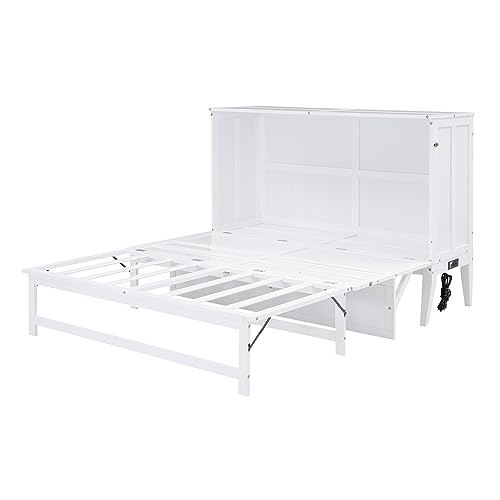 EOVTK Queen Size Murphy Cabinet Bed, Wood Foldable Murphy Cube Cabinet Bed Chest with Built-in Charging Station and a Shelf for Small Spaces, White