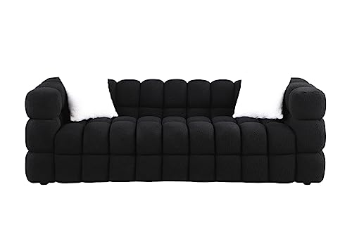 EOVTK 84.3" Marshmallow Sofa with Deep 3 Seats, Modern Boucle Fabric Tufted Cloud Sleeper Couch with 2 Pillows, for Living Room Apartment Office, Black