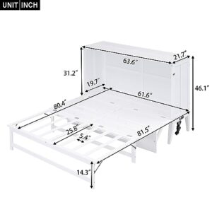 EOVTK Queen Size Murphy Cabinet Bed, Wood Foldable Murphy Cube Cabinet Bed Chest with Built-in Charging Station and a Shelf for Small Spaces, White