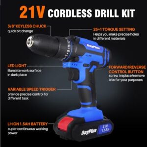 21V Cordless Drill Set, Electric Power Drill with 1 Battery and Charger, 3/8'' Keyless Chuck, 45Nm, 25+1 Torque, 2 Variable Speeds,26pcs Drill Bits & LED Electric Drill Set for Home and Garden DIY