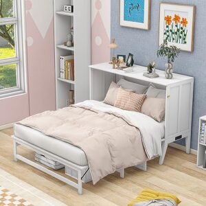 EOVTK Queen Size Murphy Cabinet Bed, Wood Foldable Murphy Cube Cabinet Bed Chest with Built-in Charging Station and a Shelf for Small Spaces, White