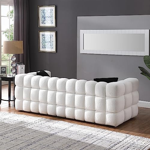 EOVTK 84.3" Marshmallow Sofa with Deep 3 Seats, Modern Boucle Fabric Tufted Cloud Sleeper Couch with 2 Pillows, for Living Room Apartment Office, White