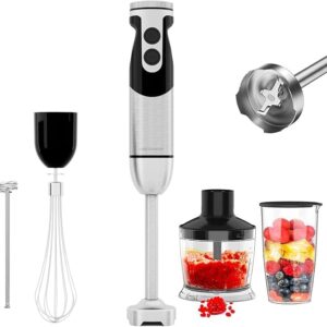 MegaWise Blender Handheld 12-Speed Stainless Steel Electric Hand Blender, 5 in 1 Immersion Handheld Blender，Titanium Blades Hand Blender, Milk Frother Wand,with 600ml Whisk Beaker and Chopper (black)