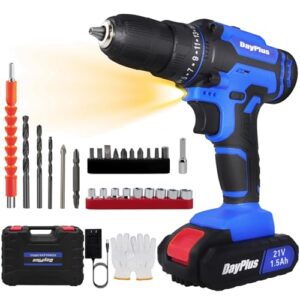 21v cordless drill set, electric power drill with 1 battery and charger, 3/8'' keyless chuck, 45nm, 25+1 torque, 2 variable speeds,26pcs drill bits & led electric drill set for home and garden diy