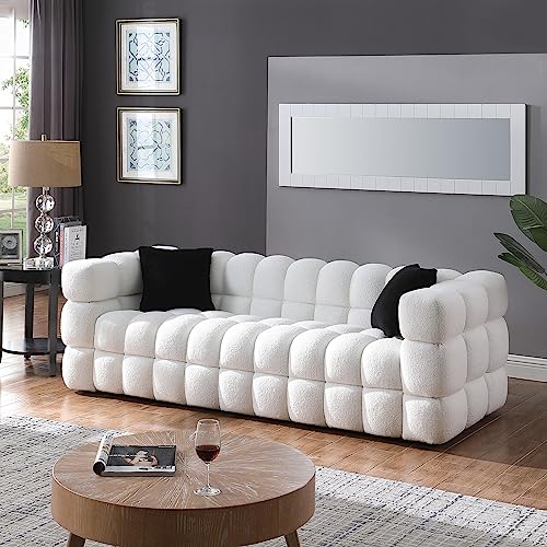 EOVTK 84.3" Marshmallow Sofa with Deep 3 Seats, Modern Boucle Fabric Tufted Cloud Sleeper Couch with 2 Pillows, for Living Room Apartment Office, White