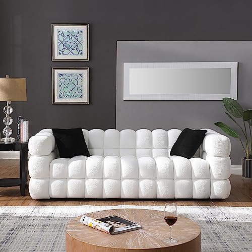 EOVTK 84.3" Deep Seat Cloud Sofa, Modern Comfy Marshmallow Sleeper Couch with 2 Pillows for Living Room Apartment Office, Boucle Fabric, White