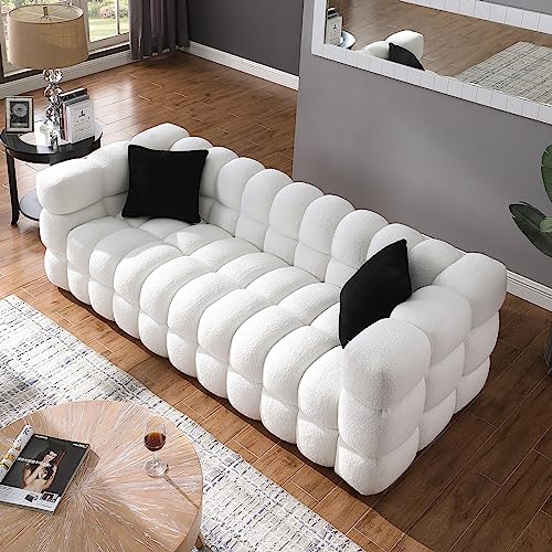 EOVTK 84.3" Marshmallow Sofa with Deep 3 Seats, Modern Boucle Fabric Tufted Cloud Sleeper Couch with 2 Pillows, for Living Room Apartment Office, White