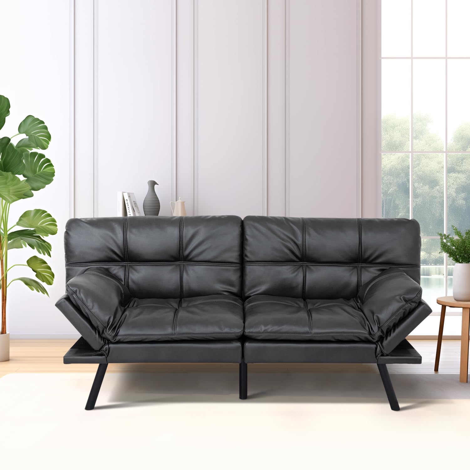 MUUEGM 71" Sofa Bed with Memory Foam,Futon Sofa Bed with Adjust Backrest and Armrest, Couches for Living Room,Studios, Apartments, Dormitories, Offices and Game Rooms. Matt Black Leather Sofa