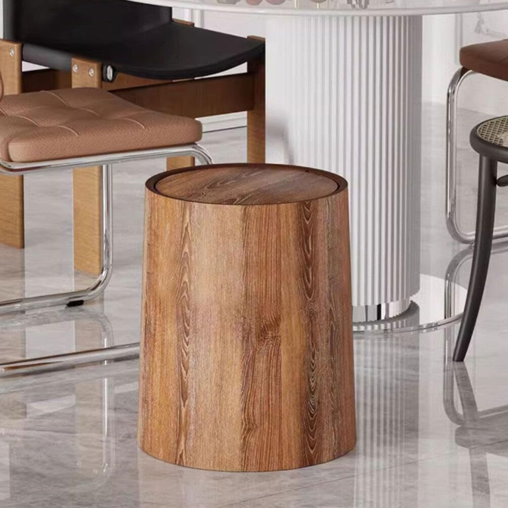 Cabilock Round Imitation Wood Trash Can with Swing Lid, Japanese-Style Garbage Recycling Bin, Wood Waste Bin, for Bathrooms, Powder Room, Kitchen, Home Office