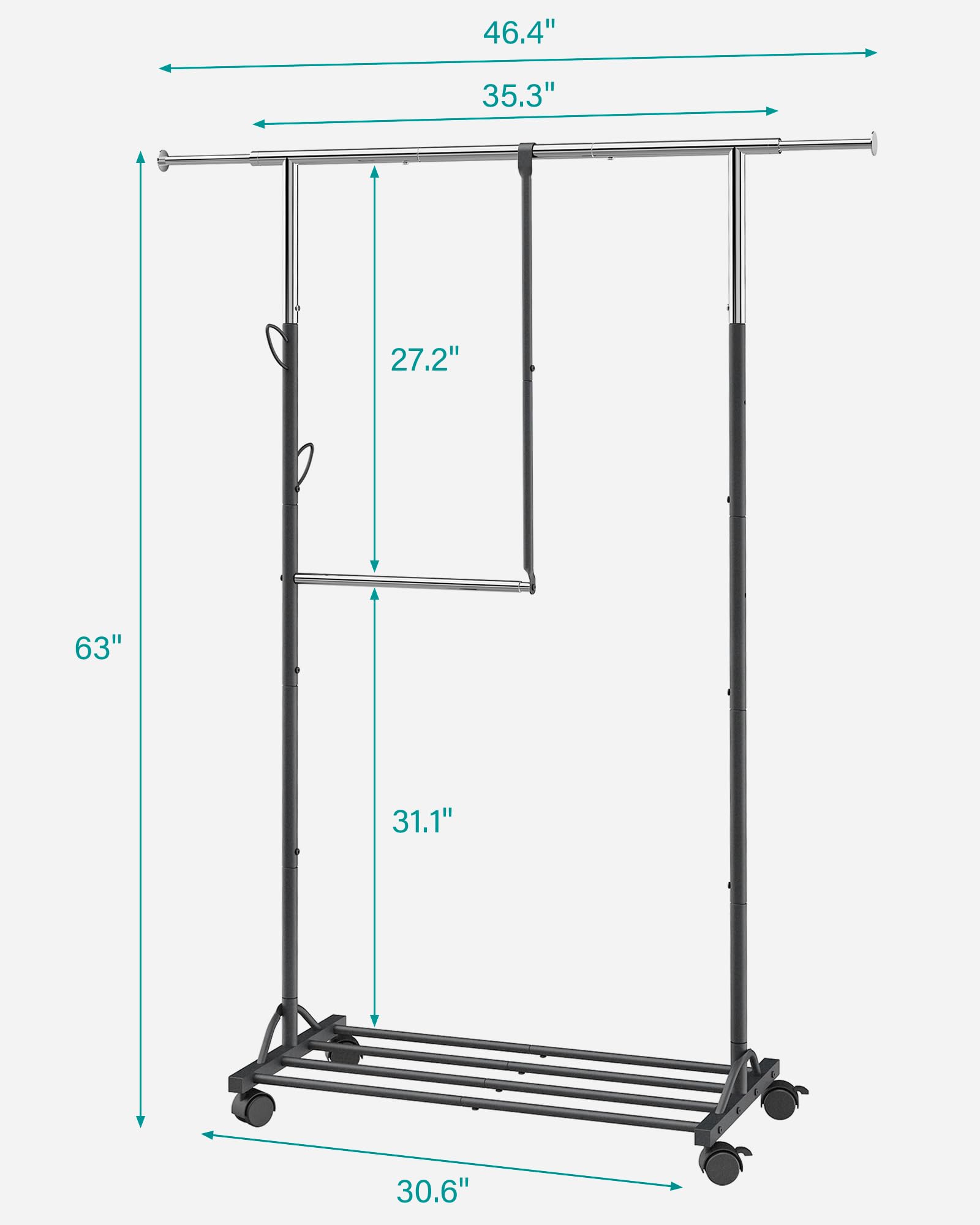 FAVOOSTY Clothing rack adjustable for kids, Heavy Duty Double Rod Design,Garment Rack Rolling, Clothes Organizer on Wheels, Clothes Rack Hanging Dismantle, Extra Space, Pants Scarves Dress Suits Black