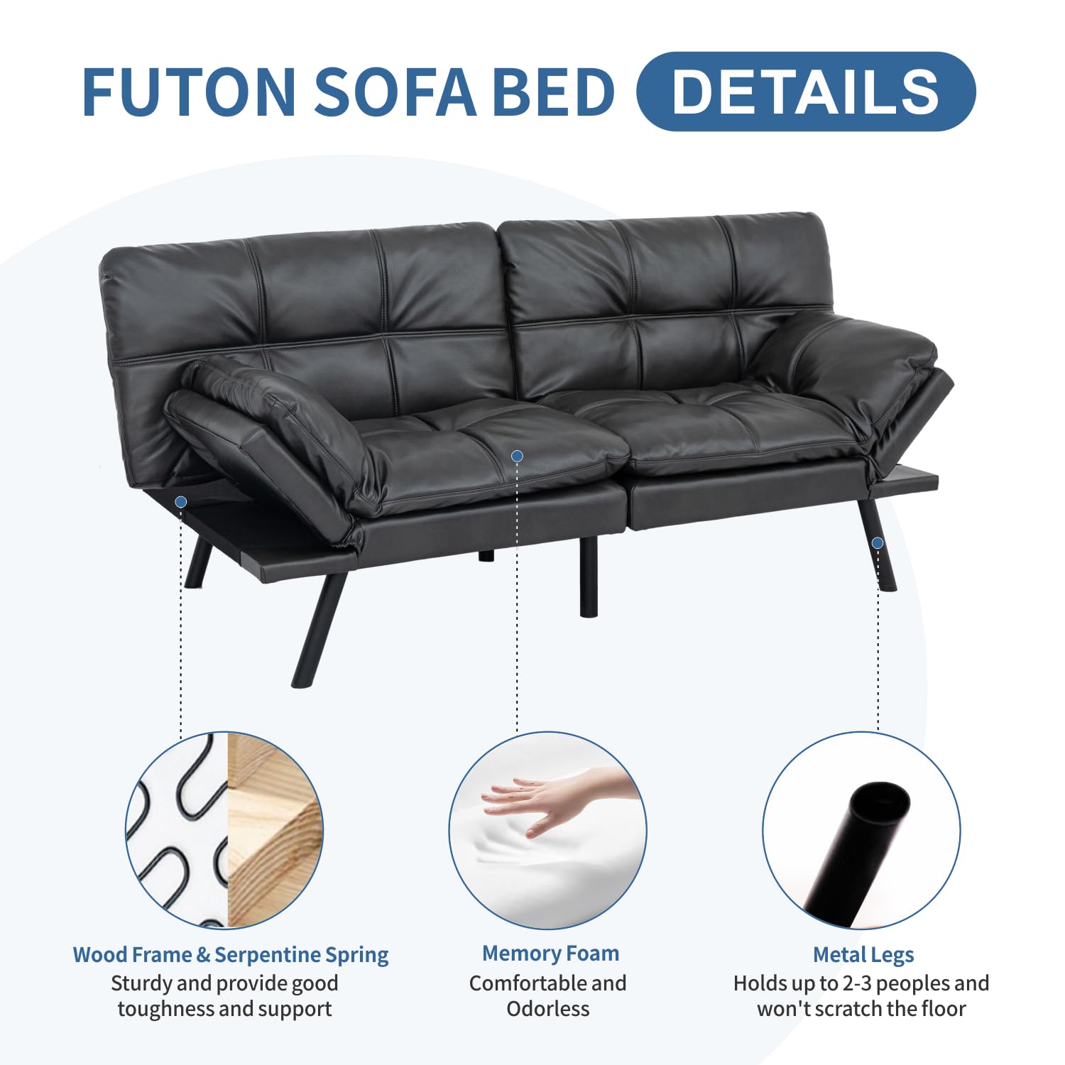 MUUEGM 71" Sofa Bed with Memory Foam,Futon Sofa Bed with Adjust Backrest and Armrest, Couches for Living Room,Studios, Apartments, Dormitories, Offices and Game Rooms. Matt Black Leather Sofa