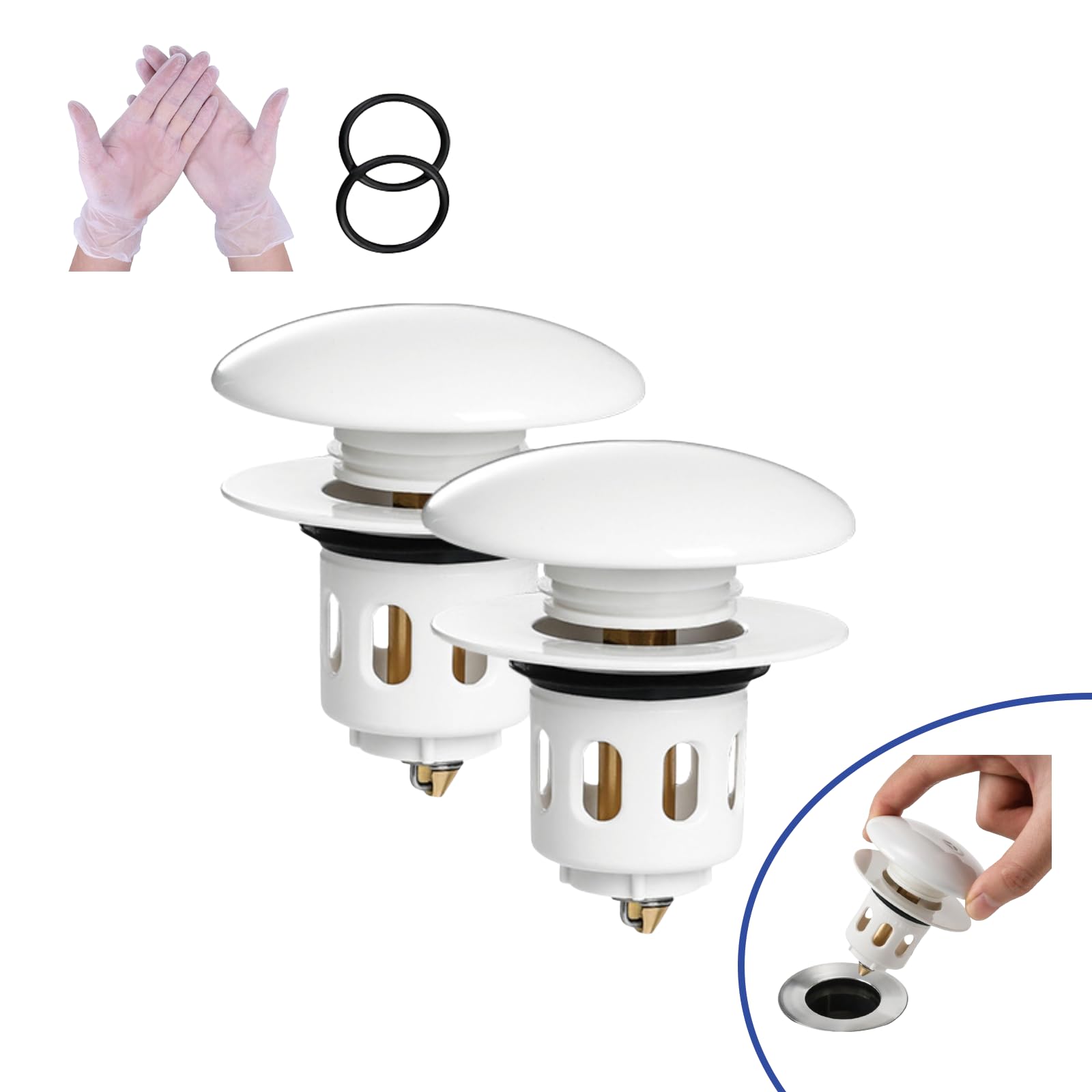 IEKK Universal 2 in 1 Pop Up Bathroom Sink Drain Hair Stopper with Anti-Clogging Filter Basket Bathtub Drain Hair Catcher and 2PCS Ceramic Push-on Stopper for 1.33"-1.57"(34-40mm) Basin Drain Hole