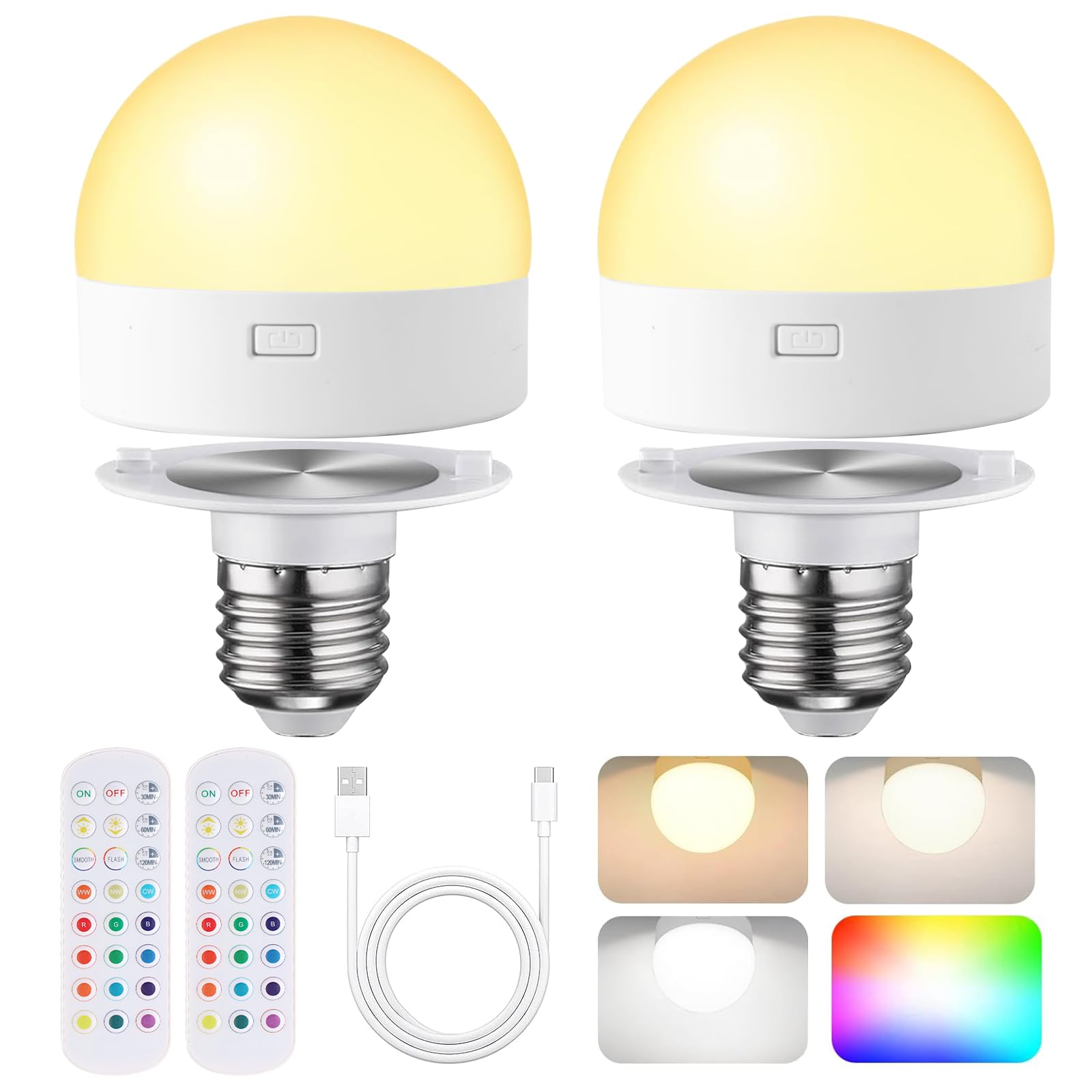 gernehop Rechargeable Light Bulbs with Remote Control, Battery Operated Light Bulb for Sconce and Lamp, 3 Color Temperature Dimmable E26 Wireless Detachable LED Charging Bulb,2 Pack