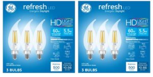 ge (6 bulbs) refresh led energetic daylight led cac lightbulb, candelabra base, 60 watt equivalent, dimmable, clear finish, hd light, led decorative, bent tip chandelier light bulb, 500 lumens