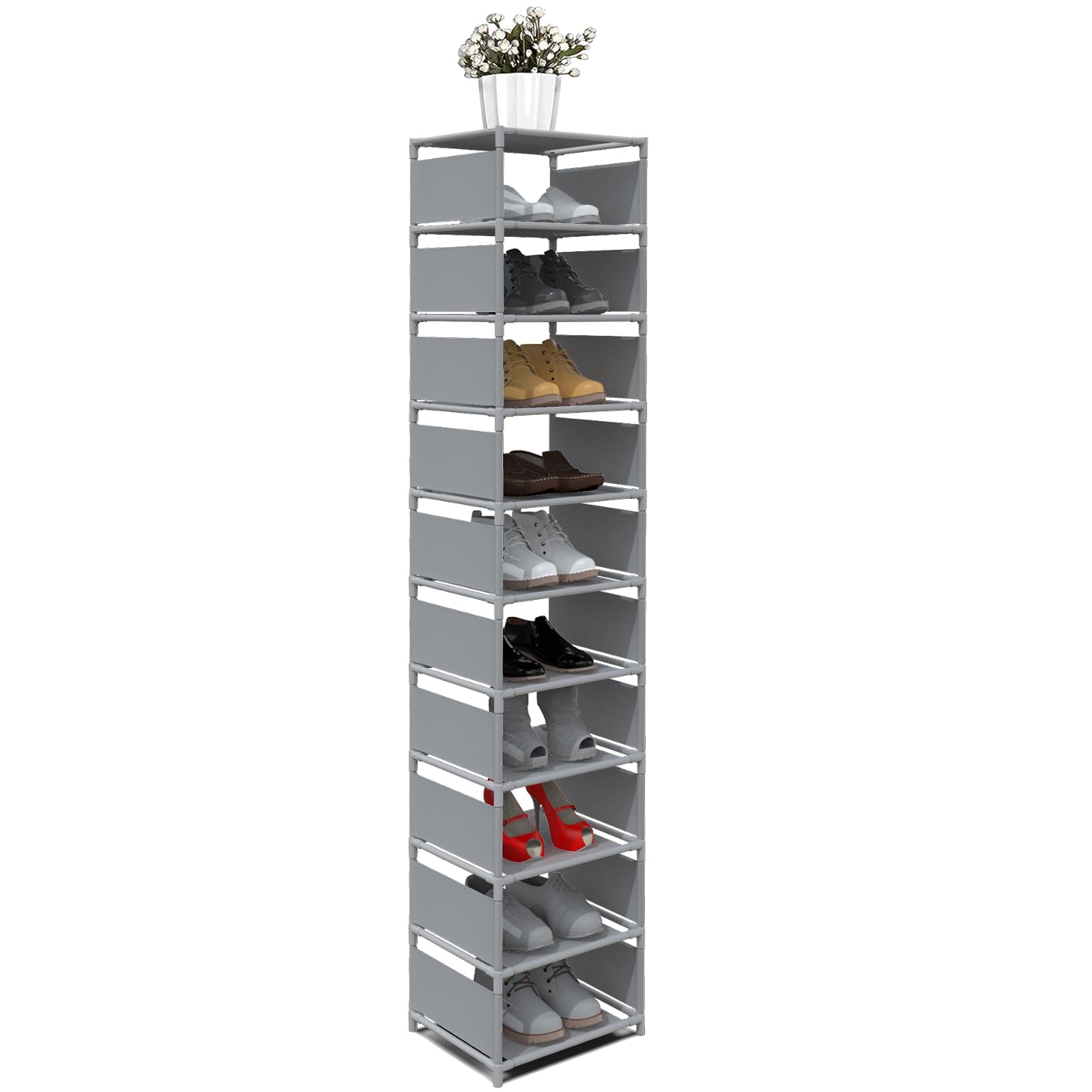 isightguard Narrow Shoe Rack, 10 Tier Vertical Shoe Rack for Closet Entryway Tall Slim Shoe Rack for Small Spaces Shinky Shoe Organizer Space Saving Corner Shoe Shelf Shoe Tower (Grey)