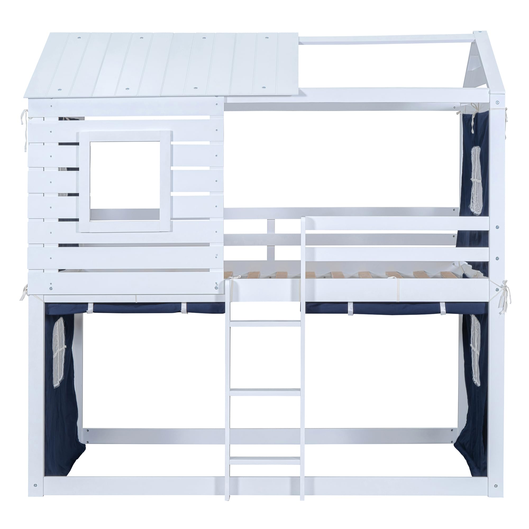 Harper & Bright Designs Twin House Bunk Bed with Tent, Kids Twin Loft Bed with Ladders,Guardrail, Windows & Roof, Wood Twin Over Twin Bunk Bed for Kids Teens Boys & Girls,Blue