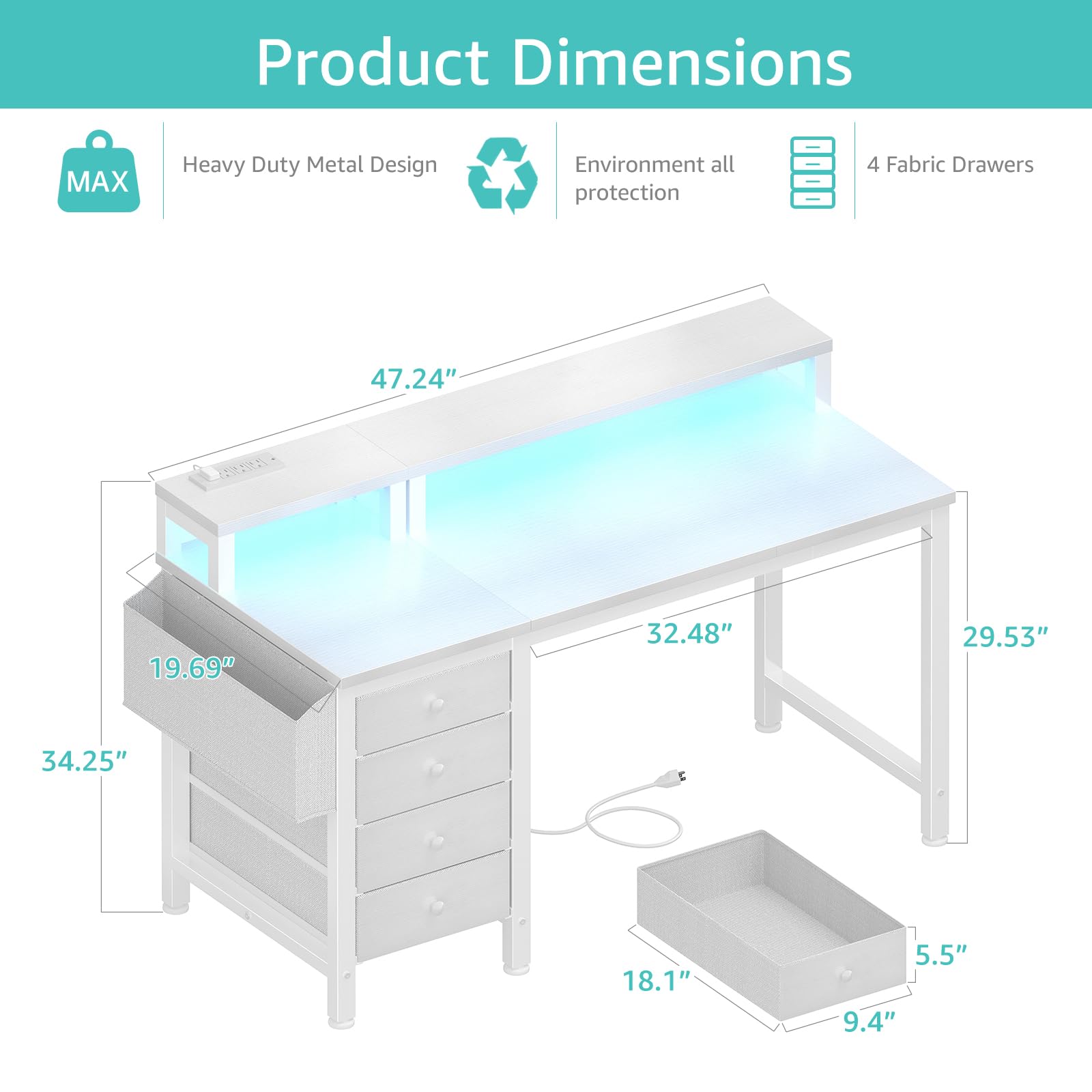 Lufeiya White Desk with 4 Drawers - 47 inch Gaming Desk with Monitor Stand, Computer Gaming Desk with LED Lights Power Outlets and Storage Bag Fabric Drawer for Home Office, Bedroom, White