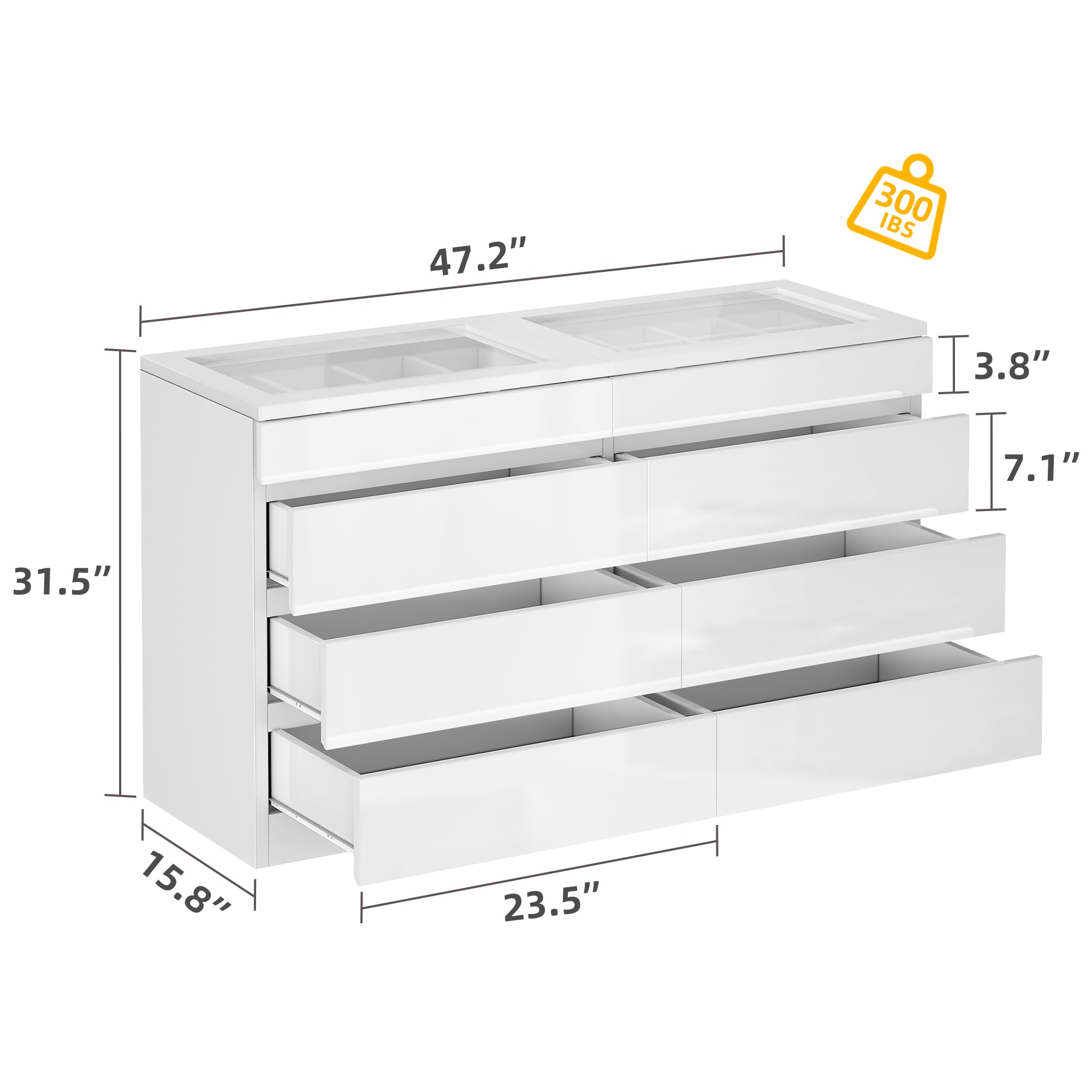 DWVO 8 Drawer Dresser with LED, White Dresser, Modern 8 Chest of Drawers with Deep Drawers Glass Top High Gloss Surface, Storage Organizer Cabinet for Living Room