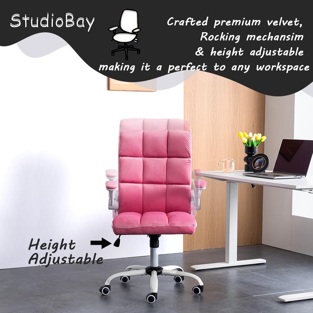 Desk Chair Comfy Office Chair Velvet Home Office Chair Ergonomic Executive Chair, Comfortable Computer Chair with Wheels Swivel Flip-up Arms, Faux Fur Chair with Back Support (Pink, Small)