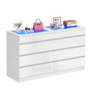 DWVO 8 Drawer Dresser with LED, White Dresser, Modern 8 Chest of Drawers with Deep Drawers Glass Top High Gloss Surface, Storage Organizer Cabinet for Living Room