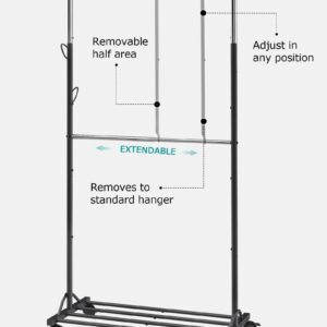 FAVOOSTY Clothing rack adjustable for kids, Heavy Duty Double Rod Design,Garment Rack Rolling, Clothes Organizer on Wheels, Clothes Rack Hanging Dismantle, Extra Space, Pants Scarves Dress Suits Black