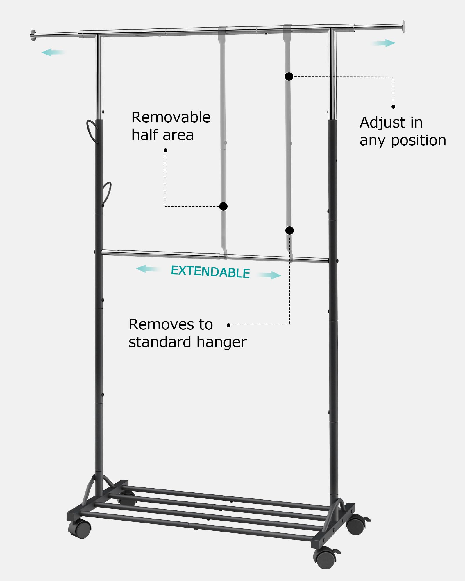 FAVOOSTY Clothing rack adjustable for kids, Heavy Duty Double Rod Design,Garment Rack Rolling, Clothes Organizer on Wheels, Clothes Rack Hanging Dismantle, Extra Space, Pants Scarves Dress Suits Black