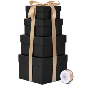 shindel 4pcs black gift boxes, nesting gift boxes with lids, stackable gift boxes square gift boxes, 4 assorted gift boxes different sizes with ribbon for birthday christmas halloween