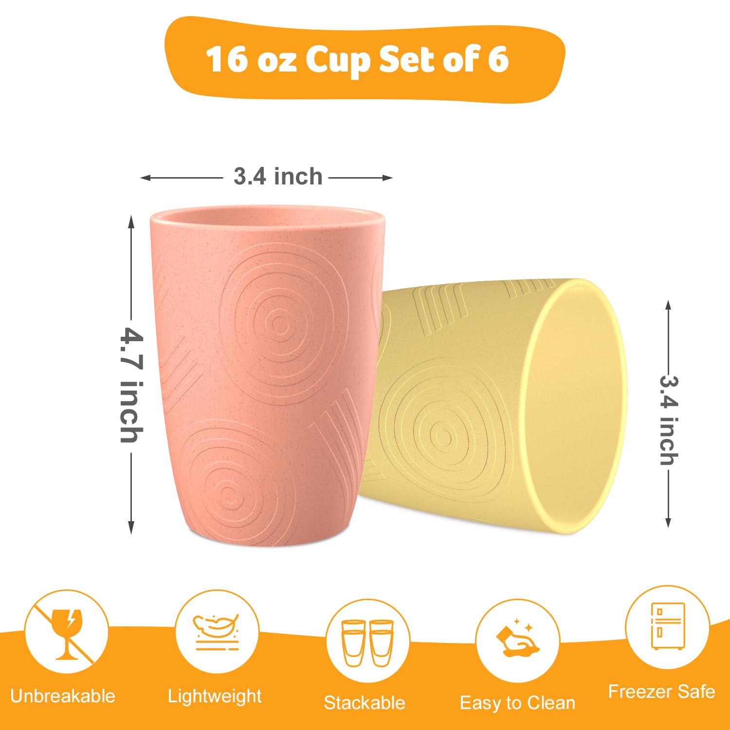 PYRMONT Wheat Straw Cups 16 OZ Alternative to Plastic Cups Set of 6,Plastic Cups Reusable Tumblers Cups Kids Cups Dishwasher Safe,Unbreakable Drinking Cups,Plastic Drinking Cups for Kitchen,Camping