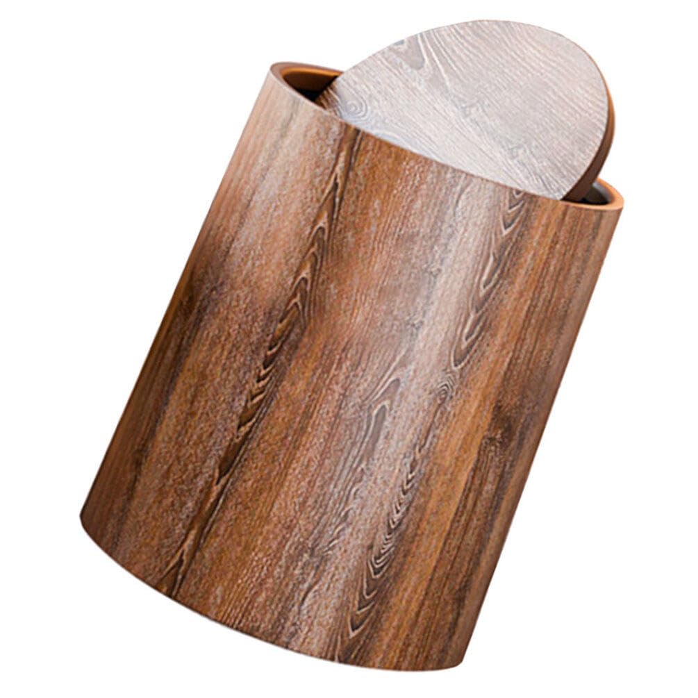 Cabilock Round Imitation Wood Trash Can with Swing Lid, Japanese-Style Garbage Recycling Bin, Wood Waste Bin, for Bathrooms, Powder Room, Kitchen, Home Office