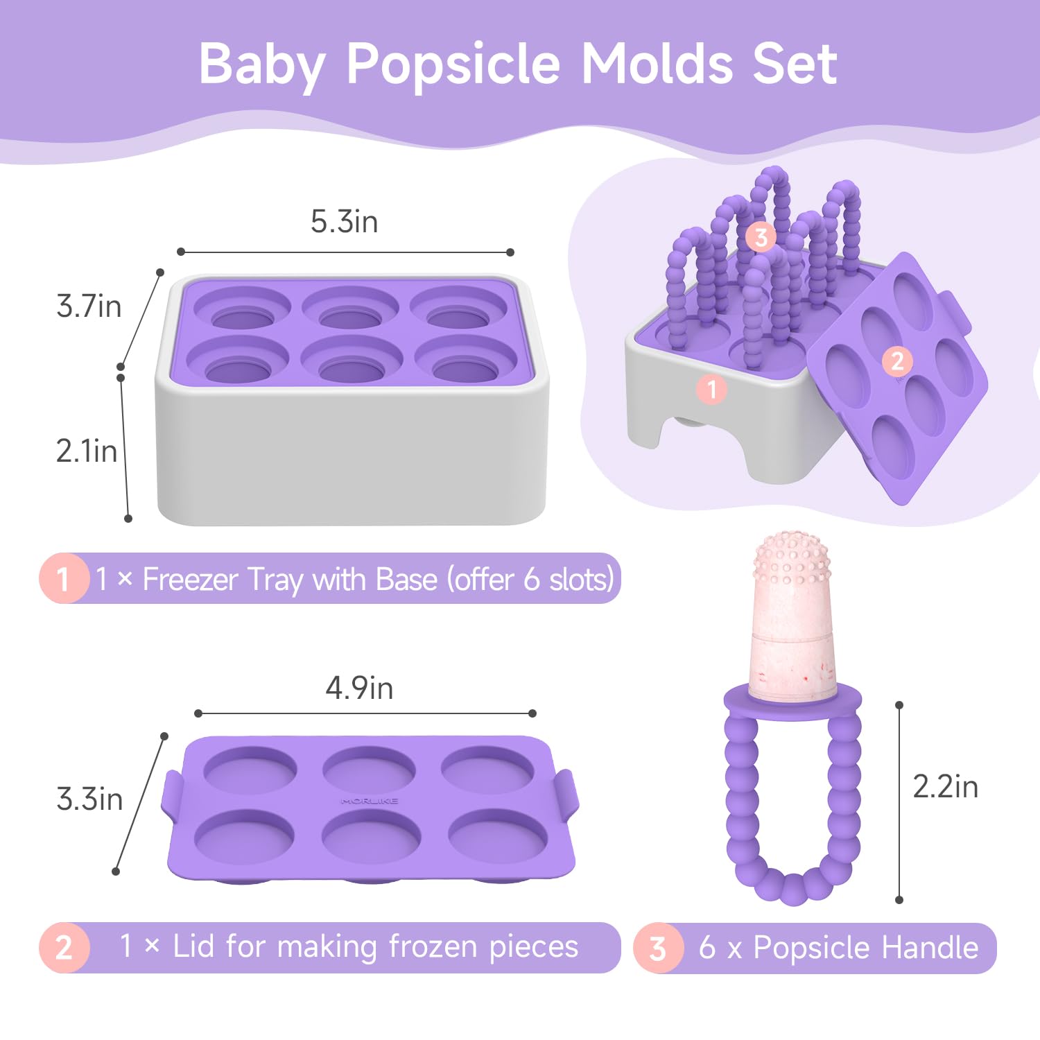 Morlike Baby Tiny Pops, 100% Silicone Popsicle Mold for Infants 4 Months +, Breastmilk Ice Pop Molds Teethers for Teething Relief, Baby Essentials, BPA Free & Dishwasher Safe (Purple)