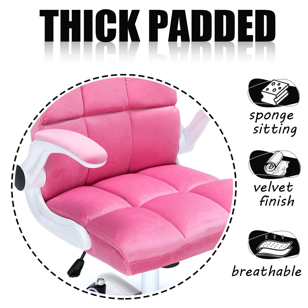 Desk Chair Comfy Office Chair Velvet Home Office Chair Ergonomic Executive Chair, Comfortable Computer Chair with Wheels Swivel Flip-up Arms, Faux Fur Chair with Back Support (Pink, Small)